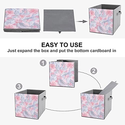 DamTma Romantic Feathers Collapsible Storage Cubes Red Grey Pink Pattern 10.6 Inch Fabric Storage Bins Storage Cubes with Handles Basket Storage Organizer for Clothes Pet Toys