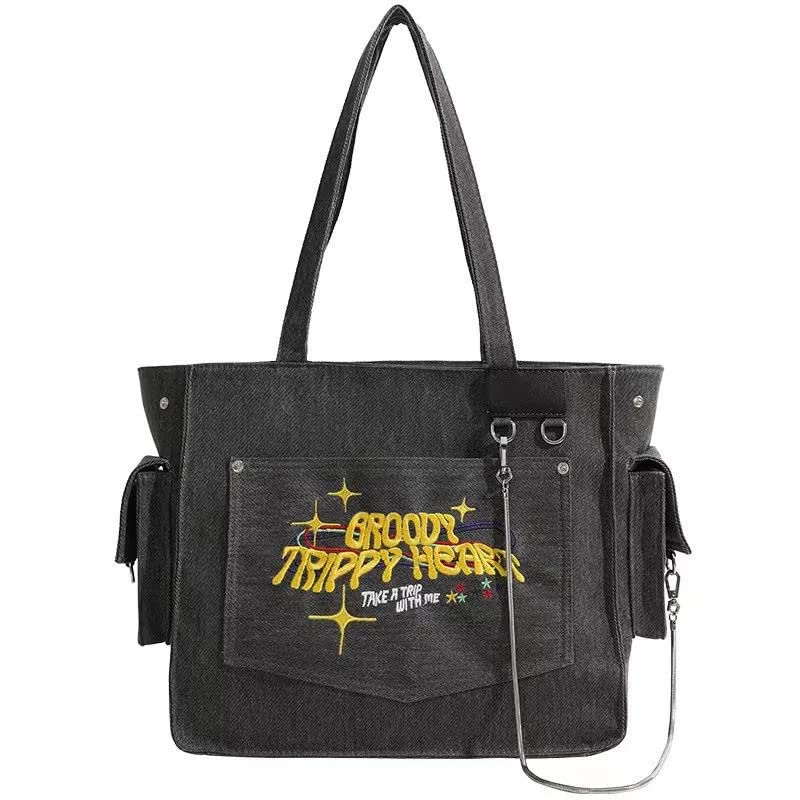 Washed Canvas Embroidered Letters Portable Retro Vintage Tote High Capacity Shoulder Underarm Bag Shopping Bag Woman Bag