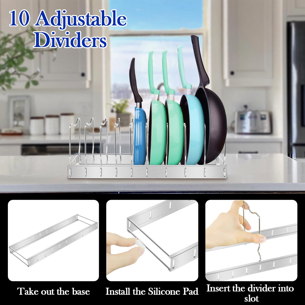 JORETLE Pot Lid Organizer, Pot and Pan Lid Holder Kitchen Pot Lid Rack, Best Organization Tool Suitable for Baking Pan, Cutting Board, Trays (2 PCS, 8 Silicone Foot Covers)
