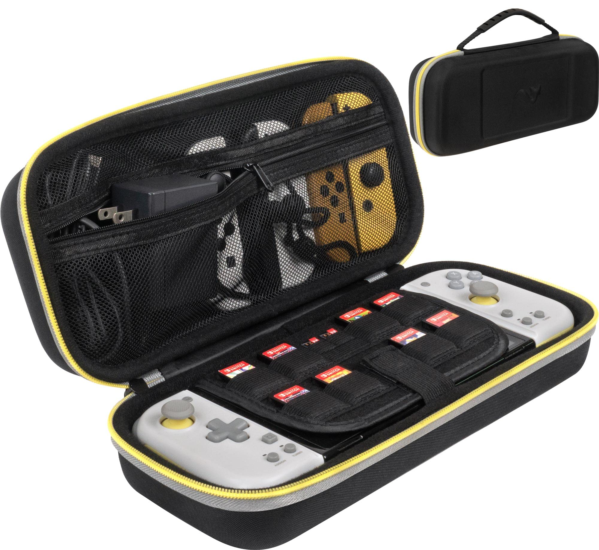 ButterFox Large Carrying Case for Hori Split Pad Compact, Fits Charger, 10 Game Holders (8 Physical + 2 Digital) - Black/Yellow