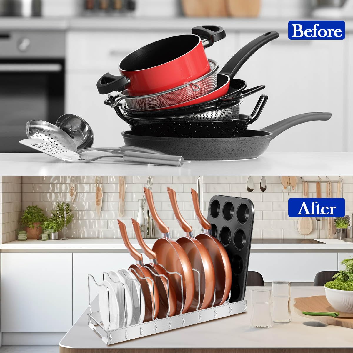 JORETLE Pot Lid Organizer, Pot and Pan Lid Holder Kitchen Pot Lid Rack, Best Organization Tool Suitable for Baking Pan, Cutting Board, Trays (2 PCS, 8 Silicone Foot Covers)
