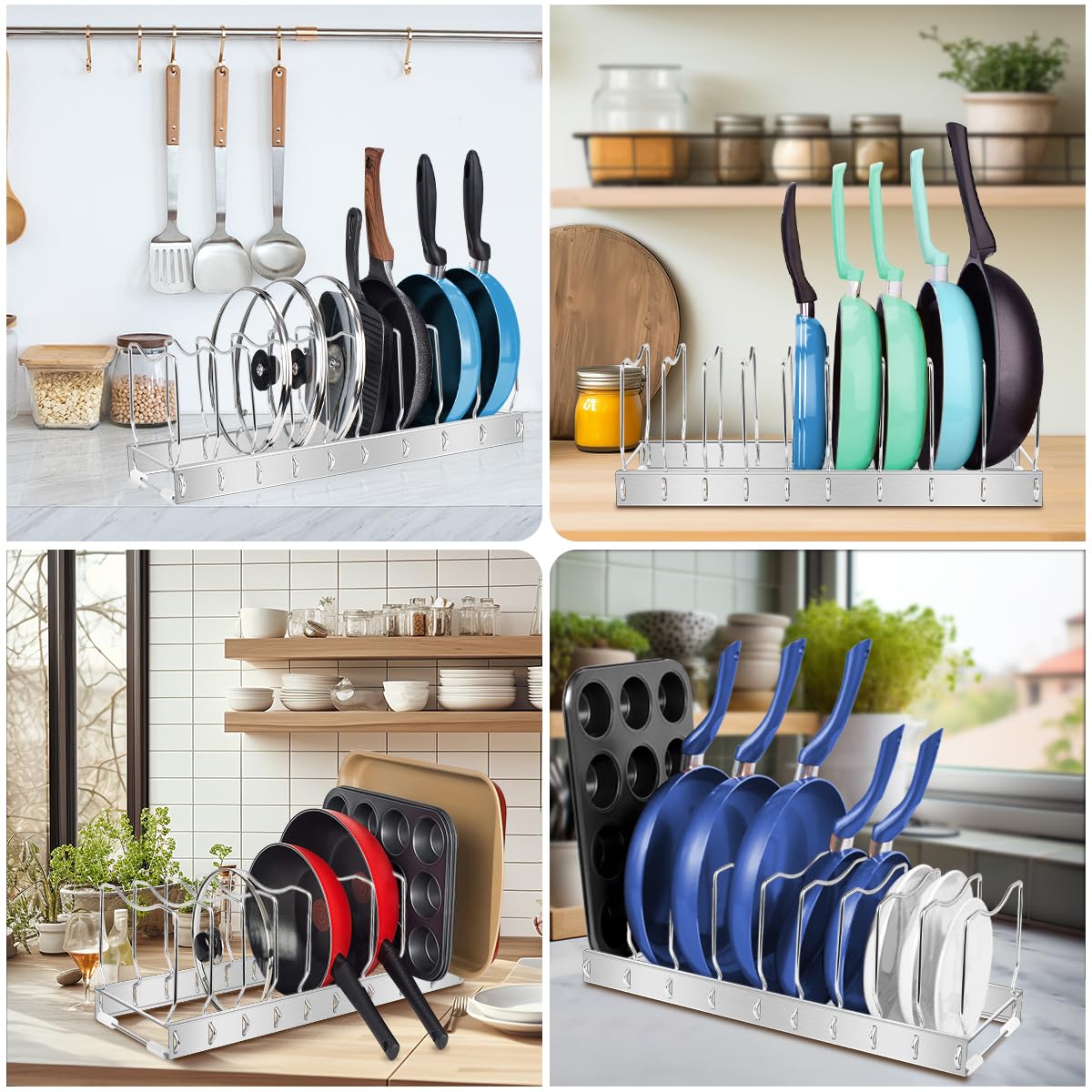 JORETLE Pot Lid Organizer, Pot and Pan Lid Holder Kitchen Pot Lid Rack, Best Organization Tool Suitable for Baking Pan, Cutting Board, Trays (2 PCS, 8 Silicone Foot Covers)