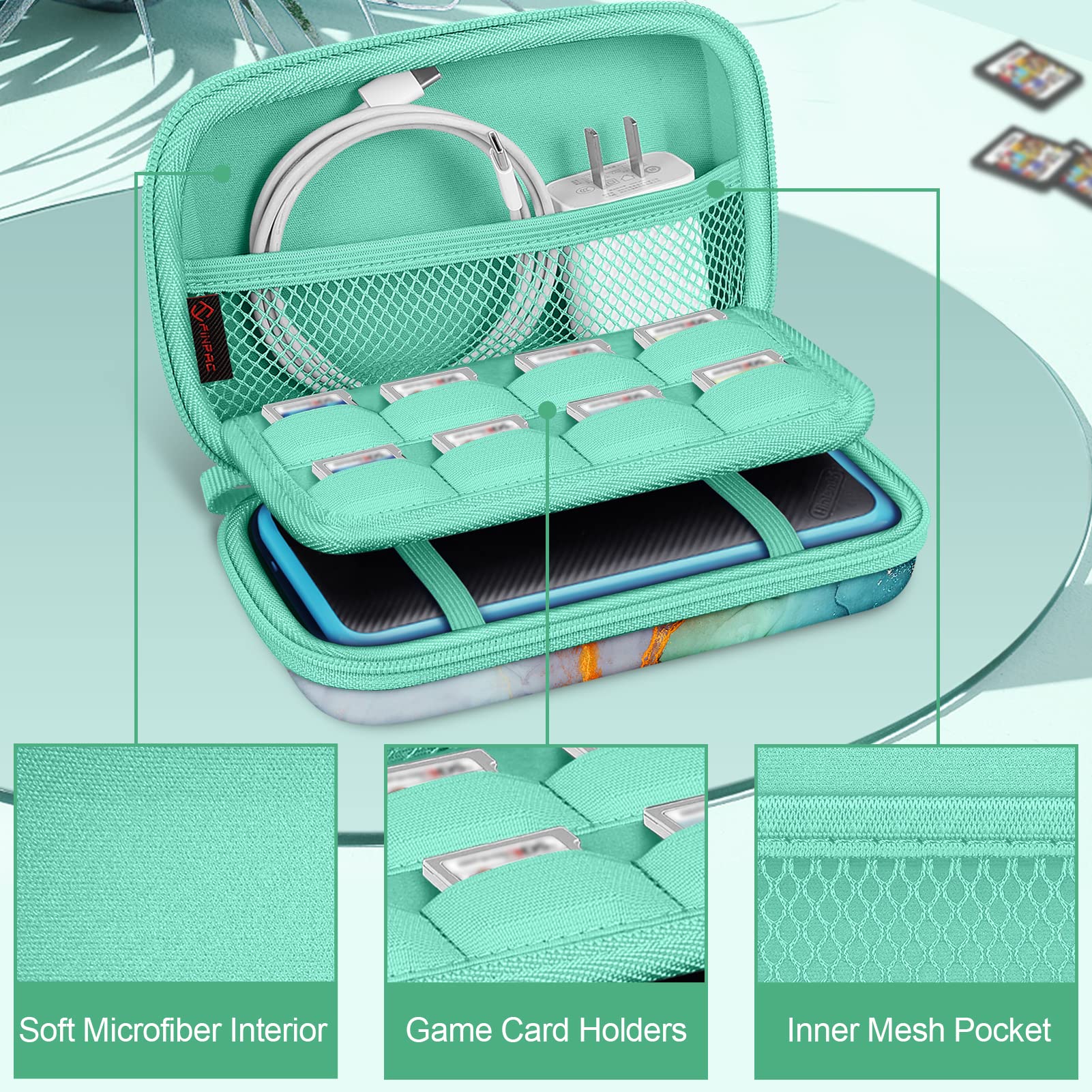 FINTIE Hard Shell Protective Case for Nintendo 2DS XL/New 3DS XL LL, Emerald Marble with Zipper Pocket and Top Handle