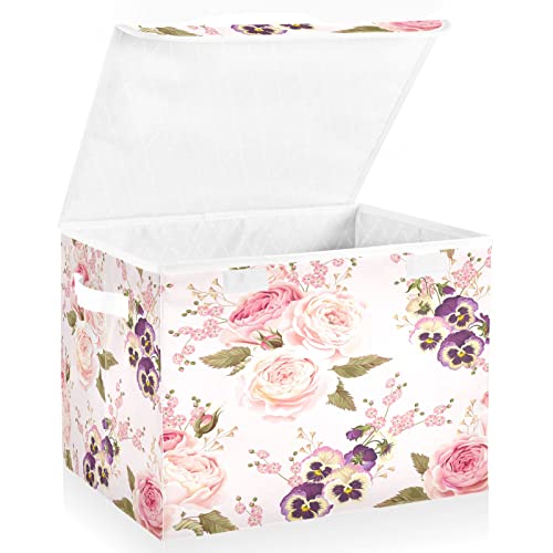 Kigai Collapsible Flowers in Bloom Storage Basket with Lids and Handles,Storage Bins for Shelves Closet Bedroom,Office Storage