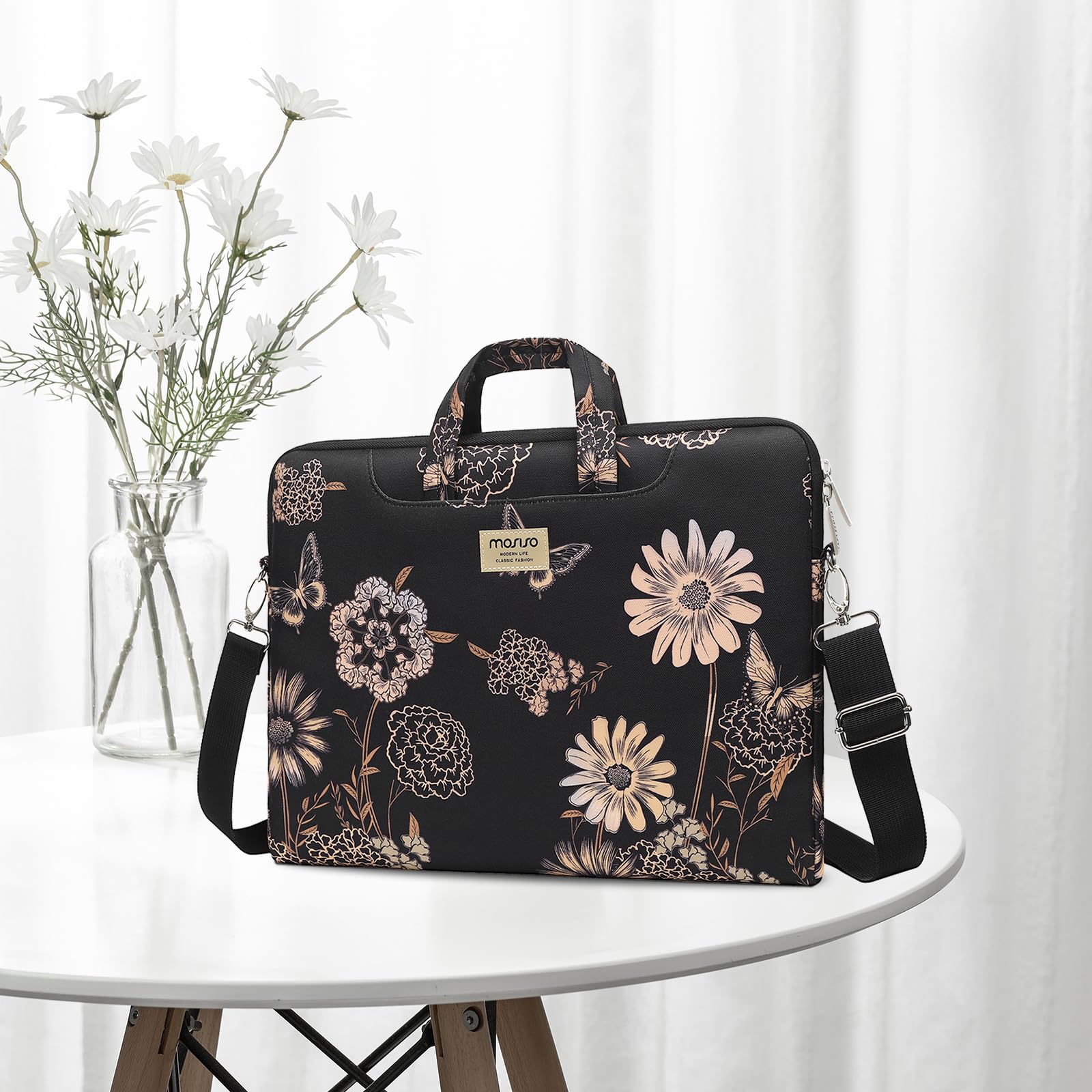 MOSISO Laptop Bag for Women, 15 inch Computer Bag Compatible with MacBook, HP, Dell, Lenovo, Asus, Notebook, 15.6 inch Laptop Shoulder Carrying Messenger Sleeve with Strap, Vintage Floral