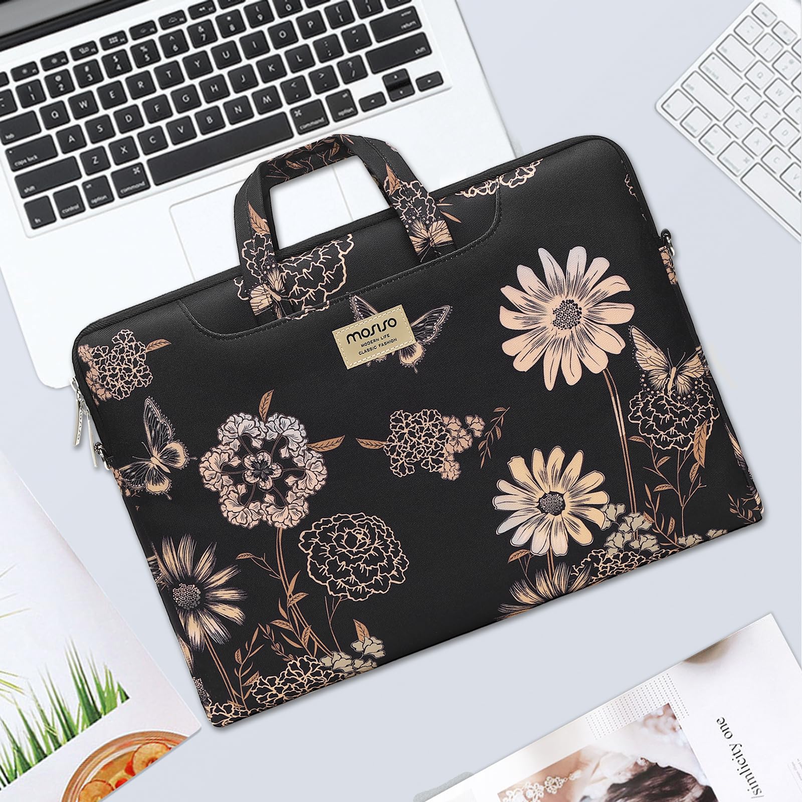 MOSISO Laptop Bag for Women, 15 inch Computer Bag Compatible with MacBook, HP, Dell, Lenovo, Asus, Notebook, 15.6 inch Laptop Shoulder Carrying Messenger Sleeve with Strap, Vintage Floral