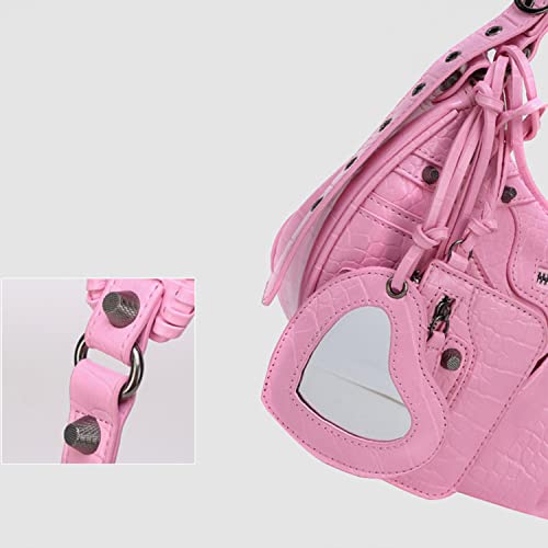 Women Punk Style Rivet Satchels Handbags Crocodile Pattern Shoulder Bags With Mirror And Card Hobo Bags