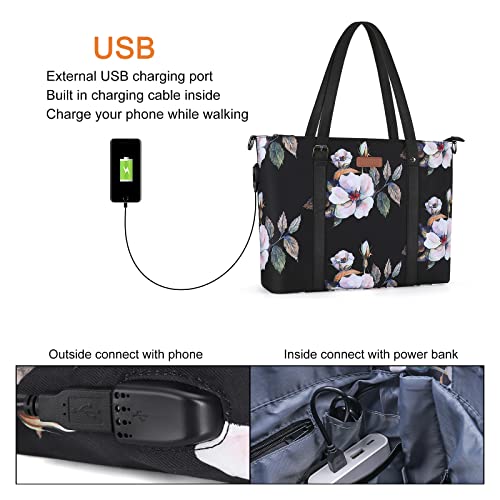 MOSISO USB Port Laptop Tote Bag (15-16 inch) with Adjustable Top Handle, Laptop Bag for Women, Hibiscus Polyester Work Travel