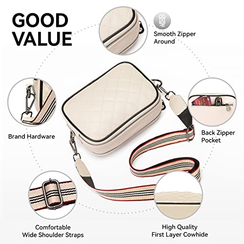 SIIHENRRY Camera Crossbody Bag for Women Genuine Leather Wide Strap Camera Bag Purse Double Compartment Multiple Pocket Triple Zip Shoulder Bag