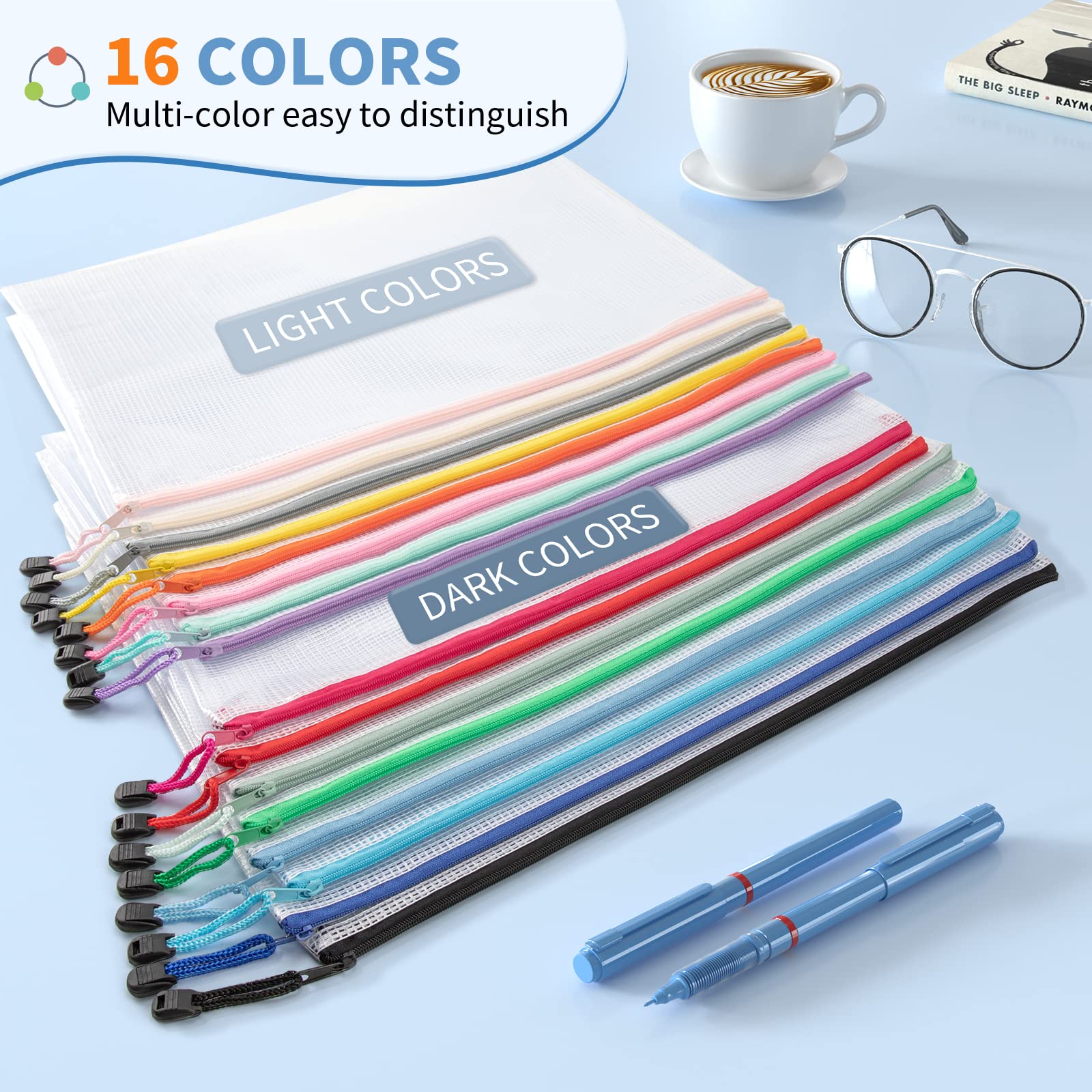 Umriox 16 Pack Large Zipper Bags 16.9x12.4 in, A3 Mesh Zipper Document Pouch for Organizing, Storage Bags with Zipper for Board Game, Puzzles, Sewing Project, Travel Supplies