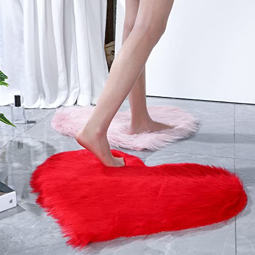 2 Pieces Valentine's Day Fluffy Faux Area Rug Heart Shaped Rug Fluffy Room Carpet 20 x 24 Inch Long Plush Room Carpet Entrance Welcome Mat Carpet for Home Living Room Sofa Floor Decorative Red Pink
