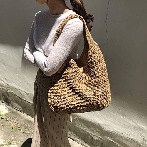 Women Shoulder Paper Woven Female Handbags Large Capacity Summer Beach Straw Bags Casual Tote Purses brown