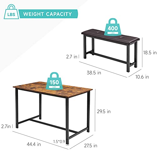 IDEALHOUSE Dining Room Table Set, 3 Piece Dining Table Set for 4 with 2 Benches, Kitchen Table Set with Heavy Duty Metal Frame, Rectangular Kitchen Table for Small Space, Apartment, Rustic Brown