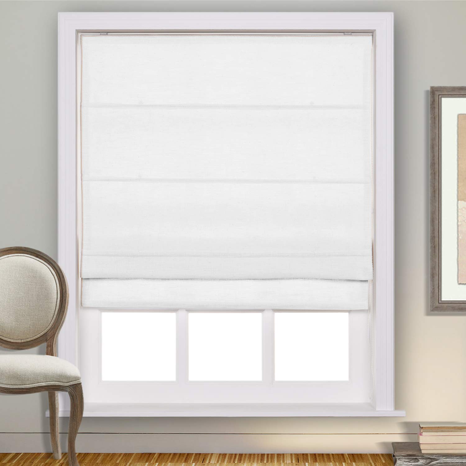 Cololeaf Roman Shade - Faux Linen, Light Filtering & Blackout, Washable Fabric, Install Hardware Included, Snow White, 1 Piece