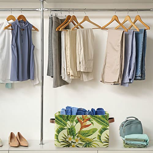 Gougeta Foldable Storage Basket with Handle, Tropical Exotic Plumeria and Palm Leaves Rectangular Canvas Organizer Bins for Home Office Closet Clothes Toys 2 Pack