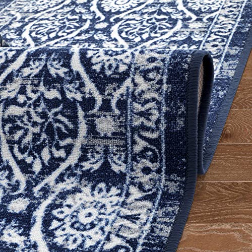 Antep Rugs Alfombras Non-Skid (Non-Slip) 2x7 Rubber Backing Floral Geometric Low Profile Pile Indoor Area Runner Rugs (Navy Blue, 2' x 7')