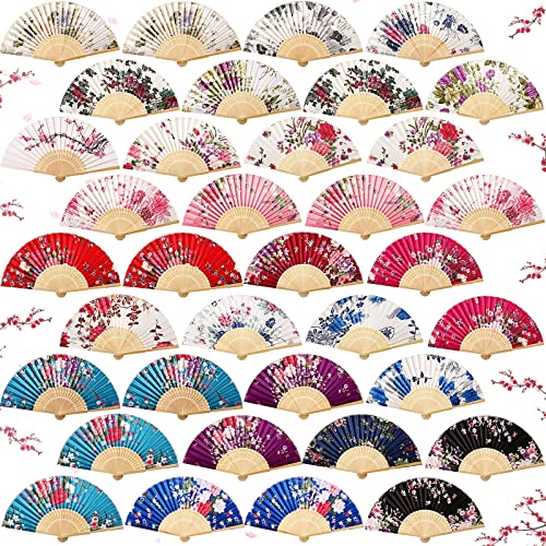 36 Pcs Floral Folding Hand Fan for Women Decorative Folding Fan with Different Flower Patterns Cloth Chinese Fan Asian Foldable Bamboo Fan Vintage Handheld Fan for Dancing Wedding Church Party Decor