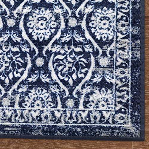 Antep Rugs Alfombras Non-Skid (Non-Slip) 2x7 Rubber Backing Floral Geometric Low Profile Pile Indoor Area Runner Rugs (Navy Blue, 2' x 7')