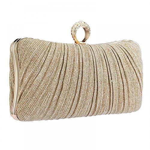 Clutch Purse for Women Pleated Glitter Evening Clutch Purses with Rhinestone Evening Bag for Bridal Wedding Party (Gold)