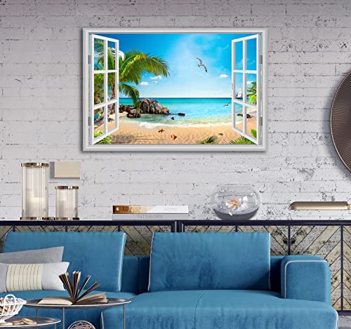 Large Beach Pictures Wall Art Canvas Print Artwork Blue Ocean Palm Tree Seascape Decor Living Room Bedroom Office with Framed 24 x36