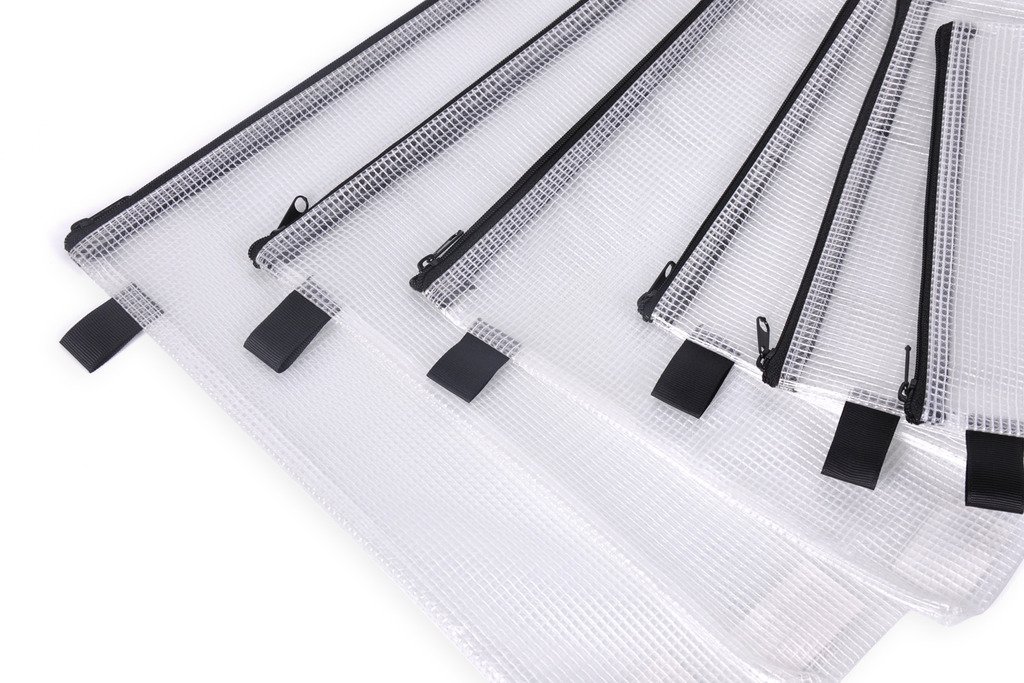 Nova Filer Reinforced Mesh Zipper Bag, Vinyl, 4 Assorted Sizes, Clear