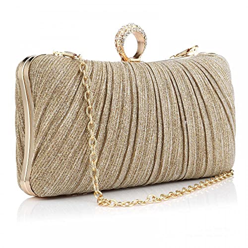 Clutch Purse for Women Pleated Glitter Evening Clutch Purses with Rhinestone Evening Bag for Bridal Wedding Party (Gold)