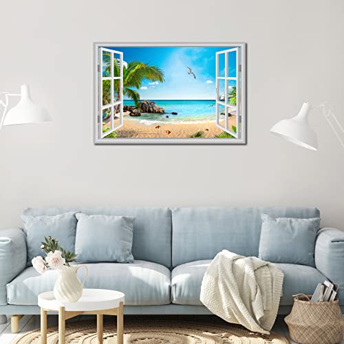 Large Beach Pictures Wall Art Canvas Print Artwork Blue Ocean Palm Tree Seascape Decor Living Room Bedroom Office with Framed 24 x36