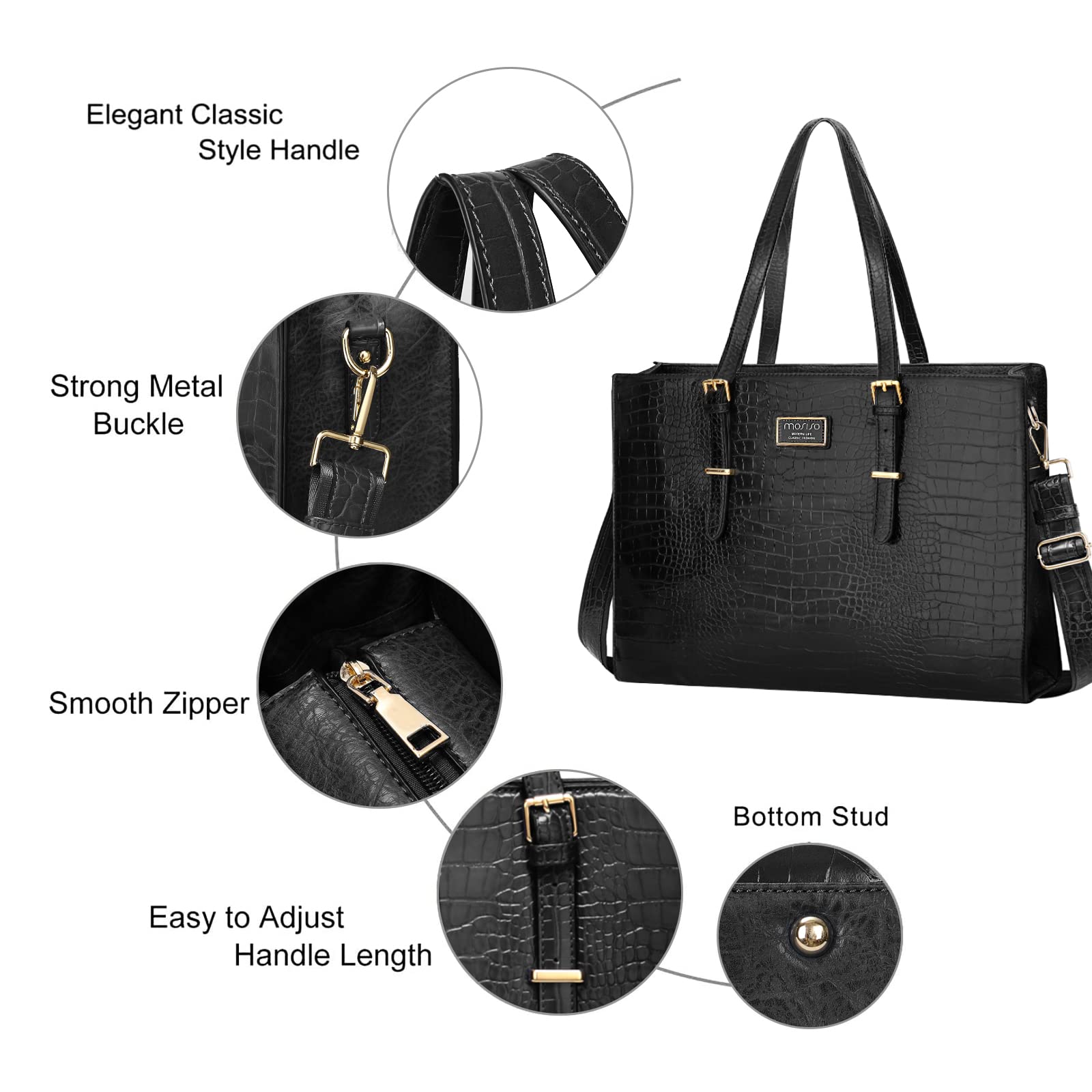 MOSISO Laptop Bag for Women Compatible with MacBook Air 15 inch M2 A2941 2023/Pro 16 inch M3 M2 M1 2023-2019, Crocodile Grain Waterproof PU Leather Large Capacity Work Travel Case, Black