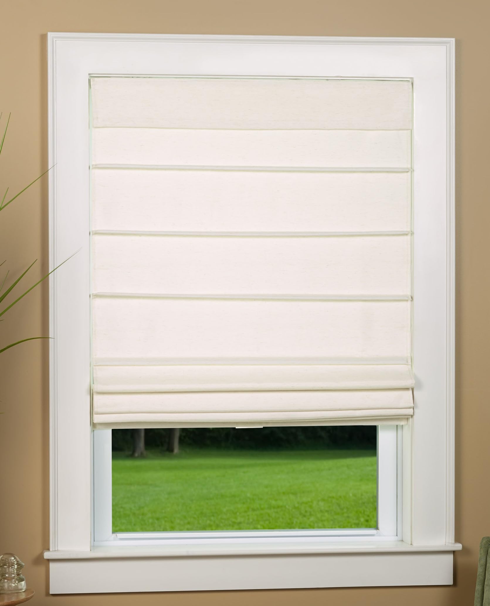Green Mountain Vista Linen Style Fabric Cordless Roman Shade Room Darkening Roman Shade for Windows - Thermal Backed Insulated Roman Shade (Alabaster, 27" Wide x 64" Long)