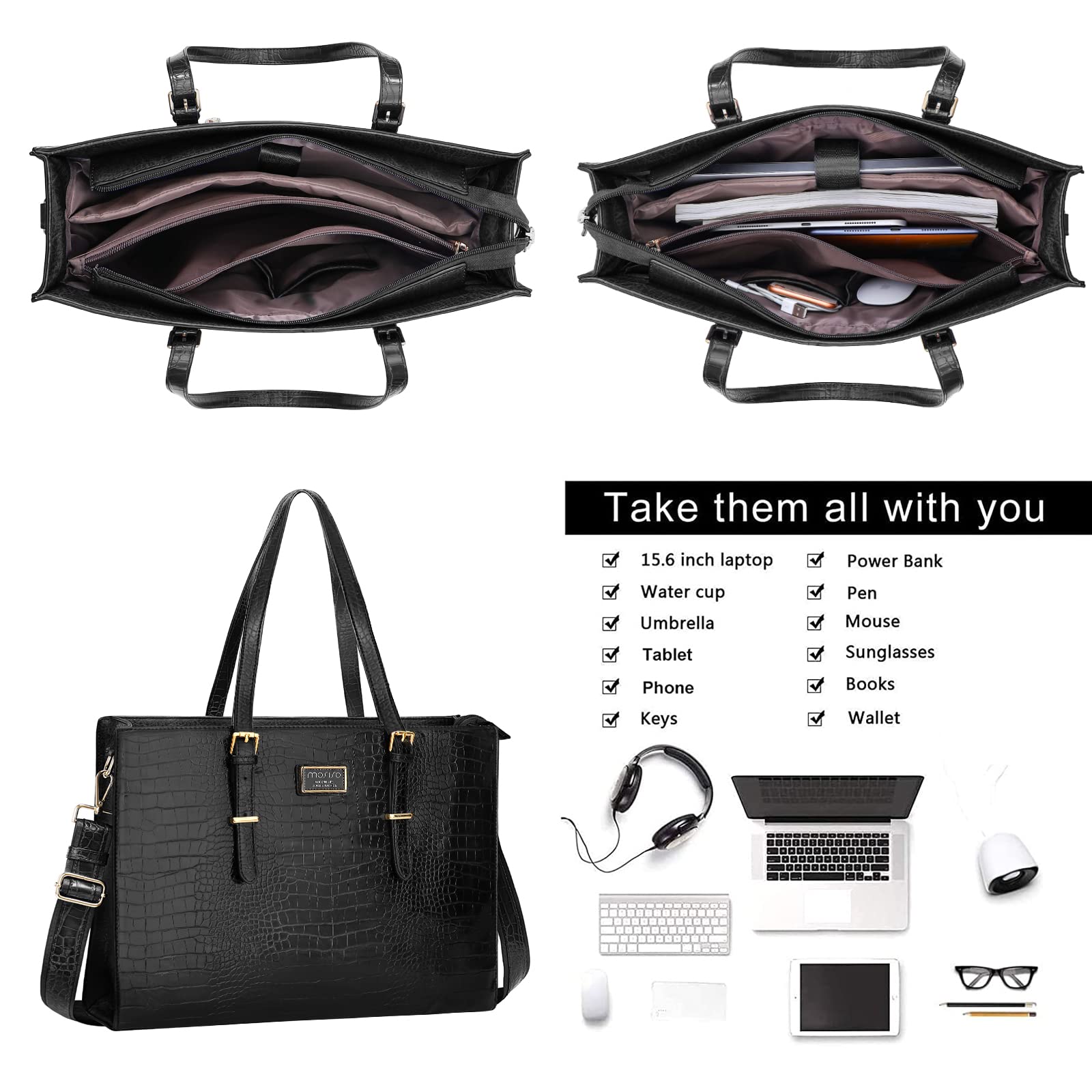 MOSISO Laptop Bag for Women Compatible with MacBook Air 15 inch M2 A2941 2023/Pro 16 inch M3 M2 M1 2023-2019, Crocodile Grain Waterproof PU Leather Large Capacity Work Travel Case, Black