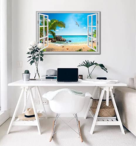 Large Beach Pictures Wall Art Canvas Print Artwork Blue Ocean Palm Tree Seascape Decor Living Room Bedroom Office with Framed 24 x36
