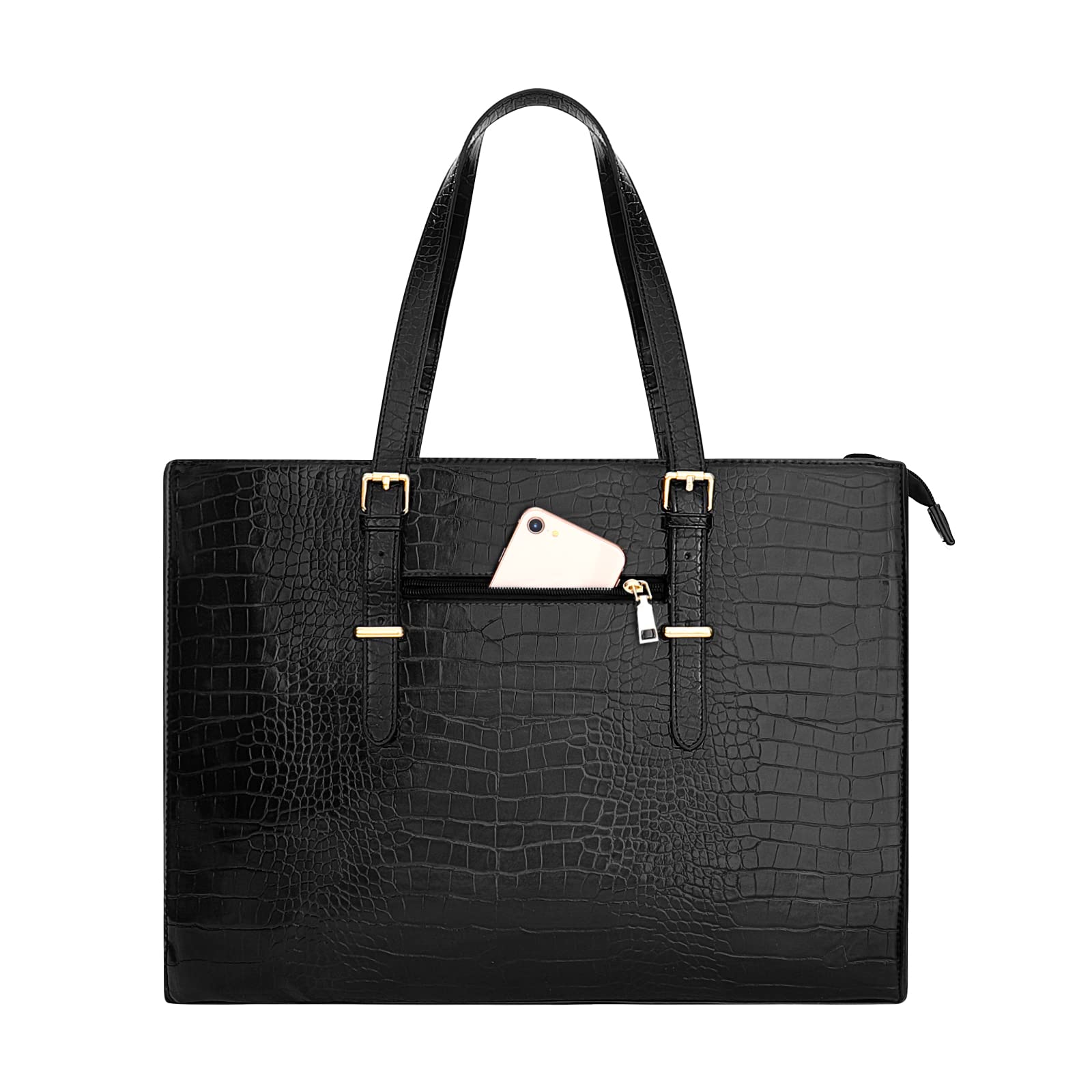 MOSISO Laptop Bag for Women Compatible with MacBook Air 15 inch M2 A2941 2023/Pro 16 inch M3 M2 M1 2023-2019, Crocodile Grain Waterproof PU Leather Large Capacity Work Travel Case, Black