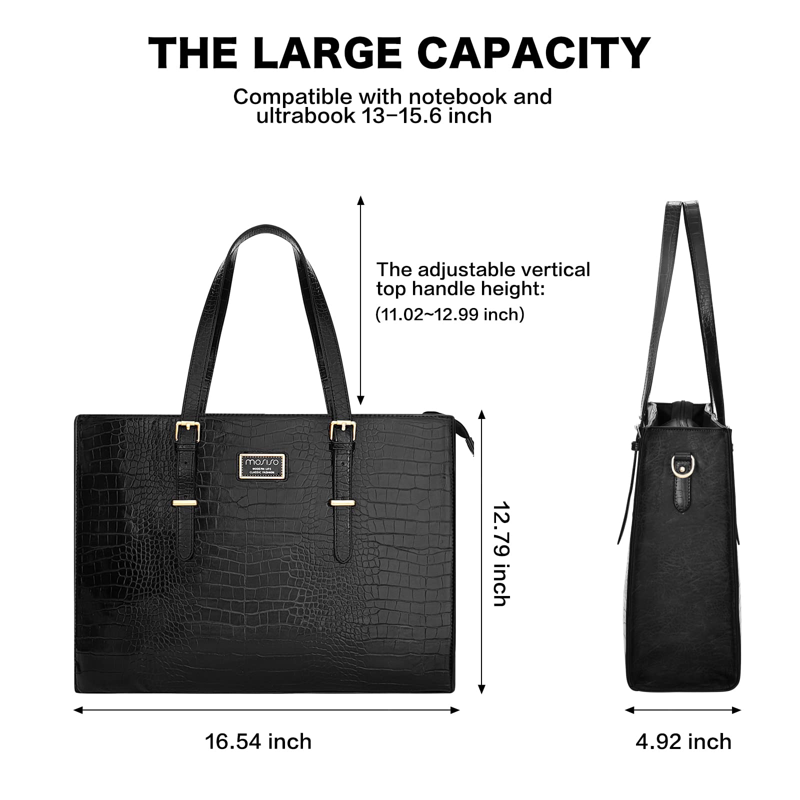 MOSISO Laptop Bag for Women Compatible with MacBook Air 15 inch M2 A2941 2023/Pro 16 inch M3 M2 M1 2023-2019, Crocodile Grain Waterproof PU Leather Large Capacity Work Travel Case, Black