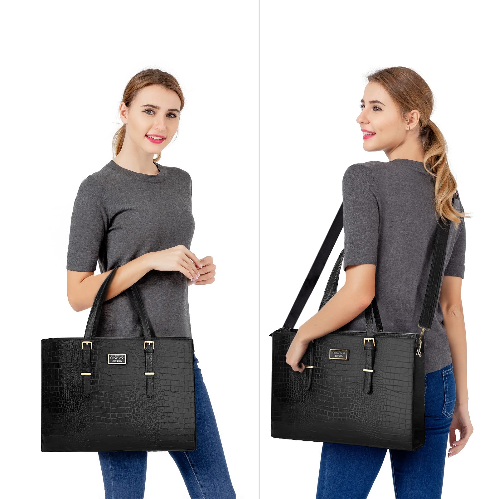 MOSISO Laptop Bag for Women Compatible with MacBook Air 15 inch M2 A2941 2023/Pro 16 inch M3 M2 M1 2023-2019, Crocodile Grain Waterproof PU Leather Large Capacity Work Travel Case, Black