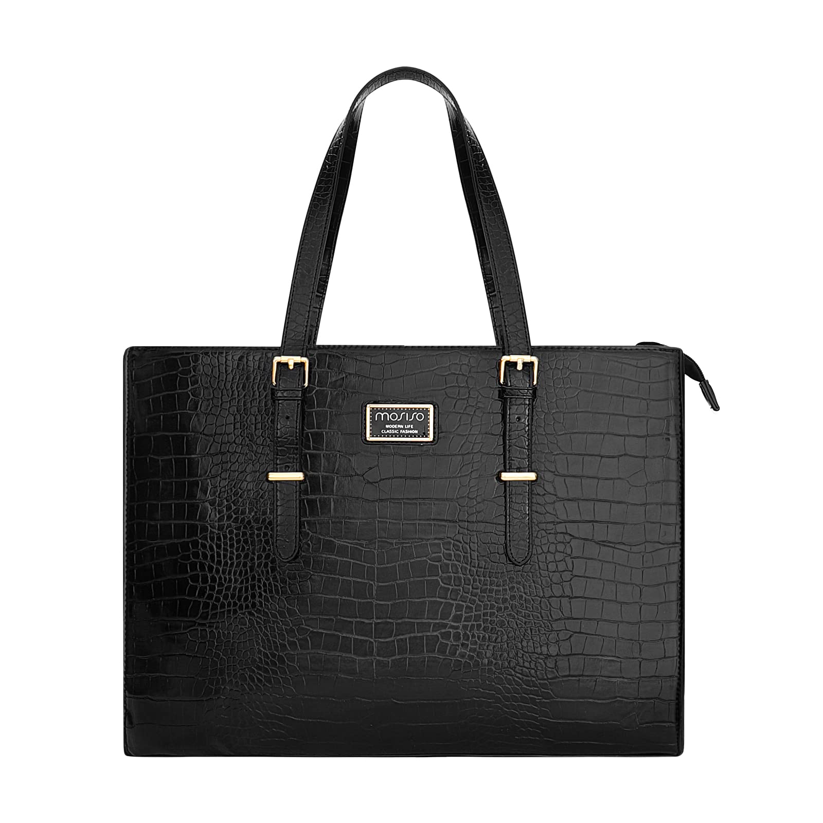 MOSISO Laptop Bag for Women Compatible with MacBook Air 15 inch M2 A2941 2023/Pro 16 inch M3 M2 M1 2023-2019, Crocodile Grain Waterproof PU Leather Large Capacity Work Travel Case, Black