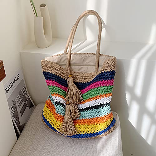 Shopping Female Large Capacity Tassel Tote Bag Shoulder Crossbody Ins Woven Handbag Multicolor