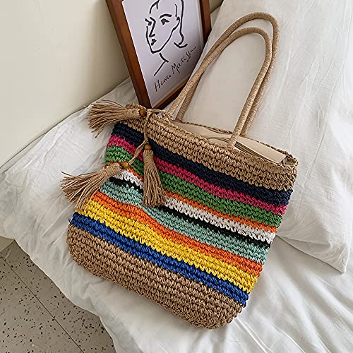 Shopping Female Large Capacity Tassel Tote Bag Shoulder Crossbody Ins Woven Handbag Multicolor