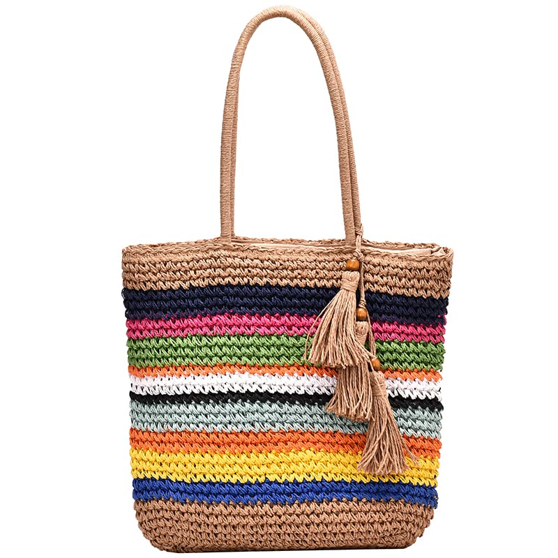 Shopping Female Large Capacity Tassel Tote Bag Shoulder Crossbody Ins Woven Handbag Multicolor