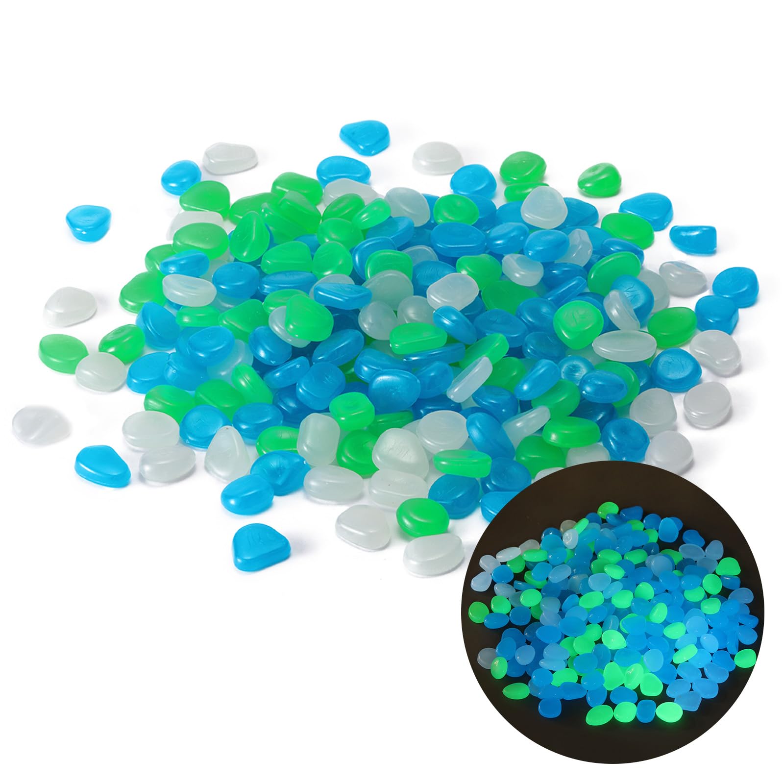 200 Pack Glow in The Dark Pebbles Stones, 100 Glow Blue / 50 Green / 50 White, Fish Tank Rocks Decoration for Garden, Aquarium, Plant Pots, Bonsai Walkway, Driveway (Set of 200)
