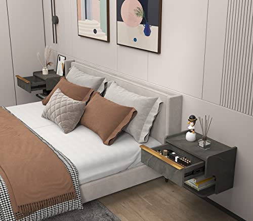Bixiaomei Floating Bedside Table Nightstands, Wall Mounted Bedside Cabinet, Floating Wall Shelf Console with Mental, Modern Storage Cabinet Unit for Bedroom & Living Room (2 Pieces/Dark Grey/17.72IN)