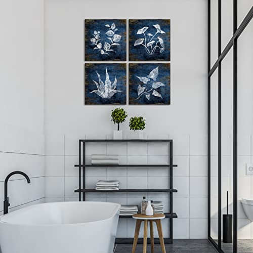 KLVOS Leaf Picture Wall Art Prints Navy Blue Tropical Plant Green Leaf Inspirational Canvas Prints Artwork Rustic Natural Leaves Framed Wall Decor for Bathroom Bedroom Living Room