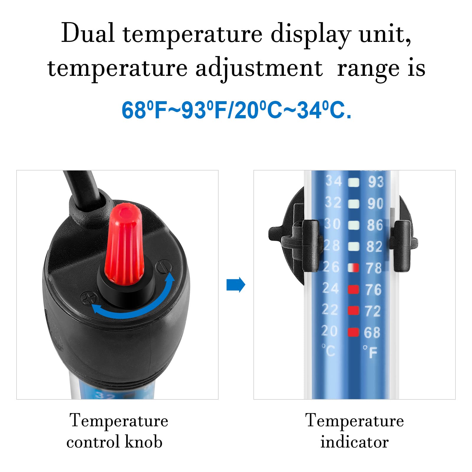 Hitop 25W/50W/100W/300W Adjustable Aquarium Heater, Submersible Glass Water Heater for 5 – 70 Gallon Fish Tank (300W)