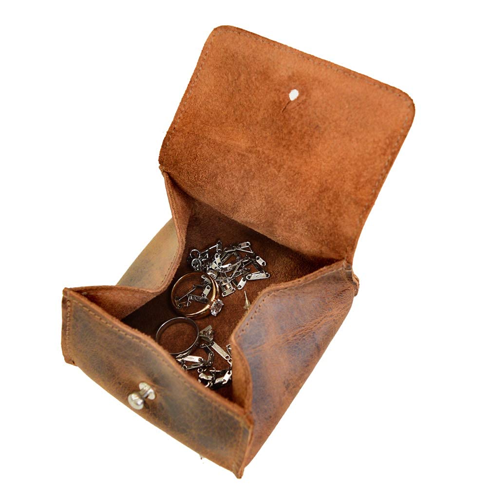 Hide & Drink, Jewelry Pouch, Mini Travel Size Box, Rings & Precious Articles Storage Organizer, Groom & Bridesmaid Wedding Gifts, Full Grain Leather, Handmade, Bourbon Brown