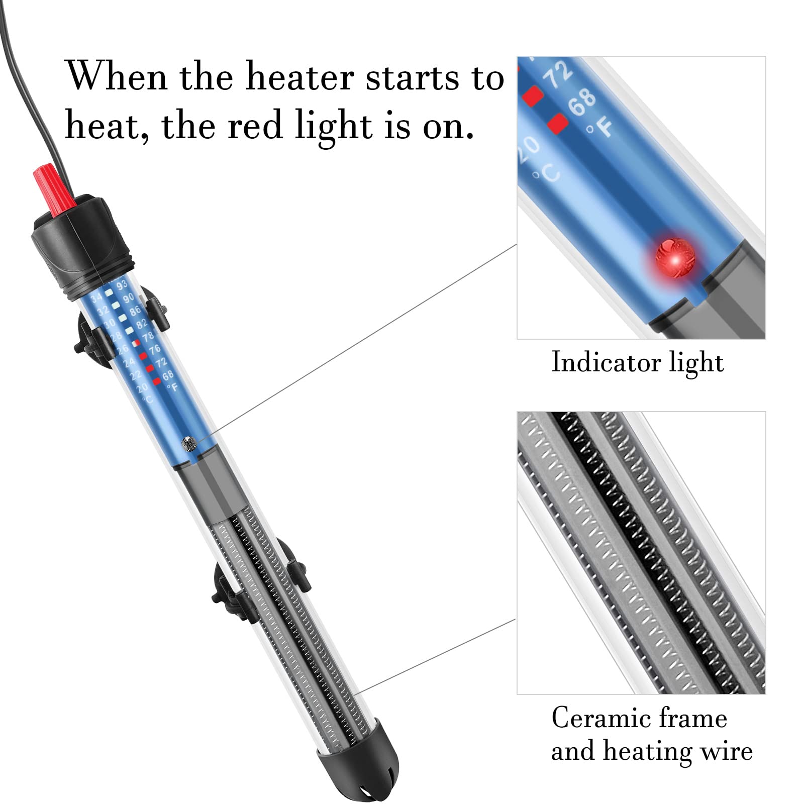 Hitop 25W/50W/100W/300W Adjustable Aquarium Heater, Submersible Glass Water Heater for 5 – 70 Gallon Fish Tank (300W)