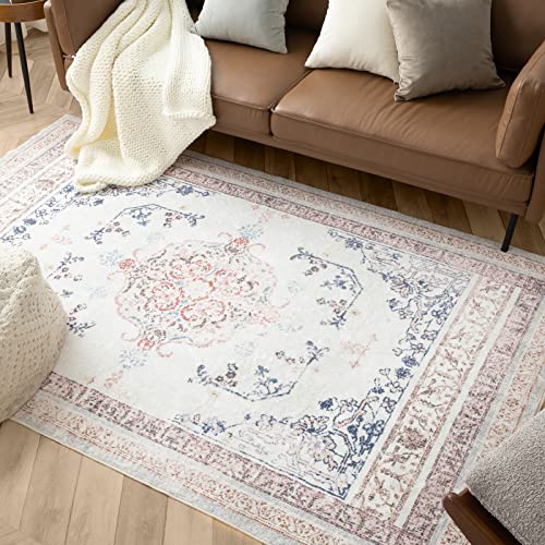 Ashler Area Rugs 4x6 Feet Vintage Boho Rugs for Living Room, Machine Washable Area Rugs with Non-Slip Backing, Indoor Rug Vintage Bohemian Area Rug Home Decor, Light Brown