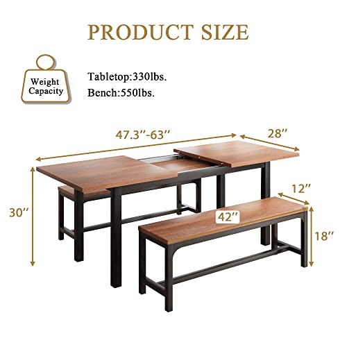 iPormis 3-Piece Dining Table Set for 6-8 People, 63'' Extendable Kitchen Table with Metal Frame and Wood Board, Space Saving Dinette for Dining Room, Laminate Finished, Easy Clean, Walnut