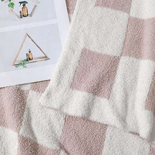 bearberry Fuzzy Checkerboard Grid Throw Blanket Knitted Soft Cozy Warm Microfiber Blanket Decor for Couch Sofa Bed Travel Home (Cream, 50''x60'')