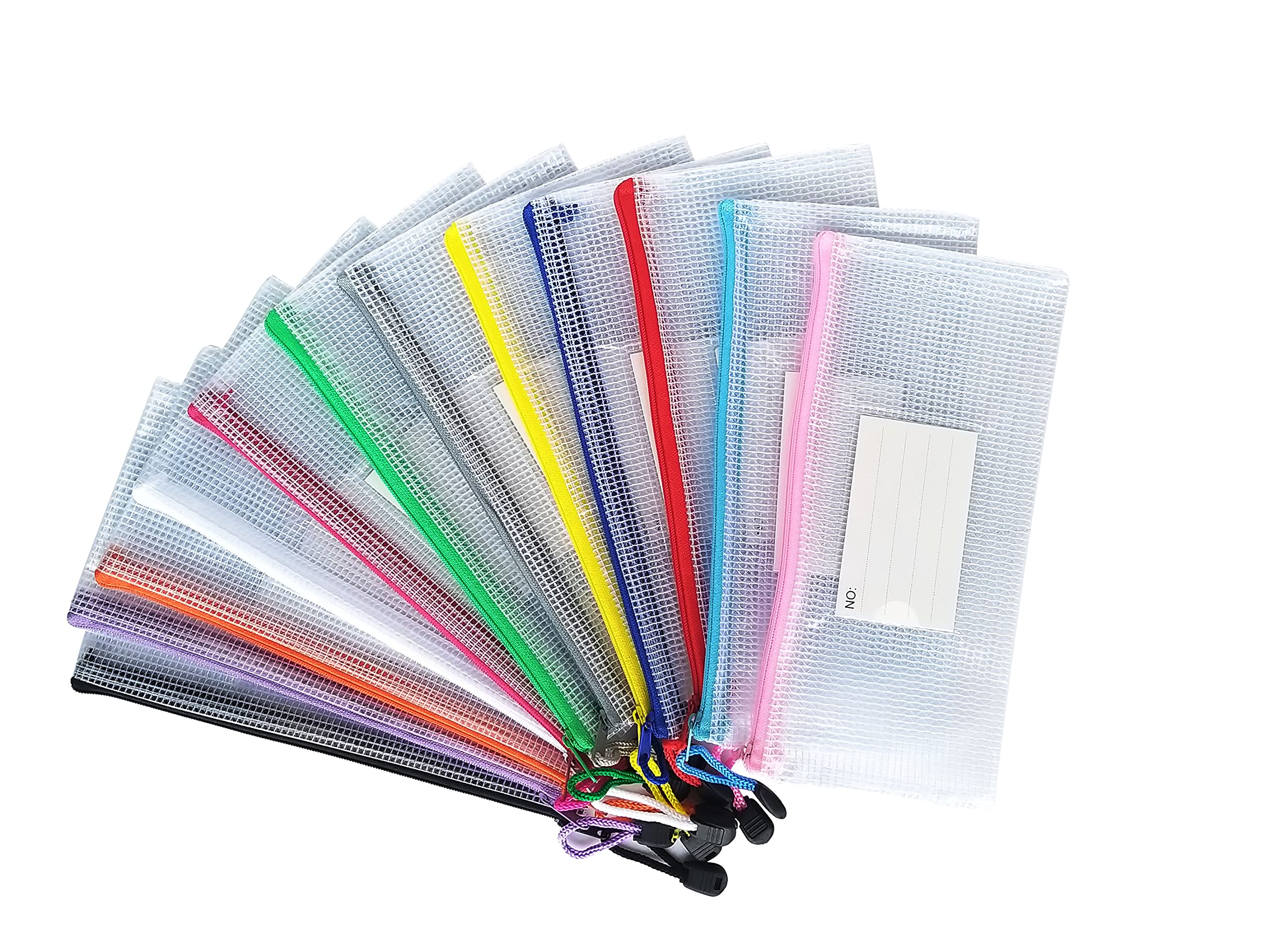AUSTARK Plastic Mesh Zipper Pouch, 12Pcs Zipper File Bags with Label Pocket, Game Boards Storage Bags, Waterproof Document Storage Bags for Office Home Travel (Receipt Size 9.2x4.1 in)