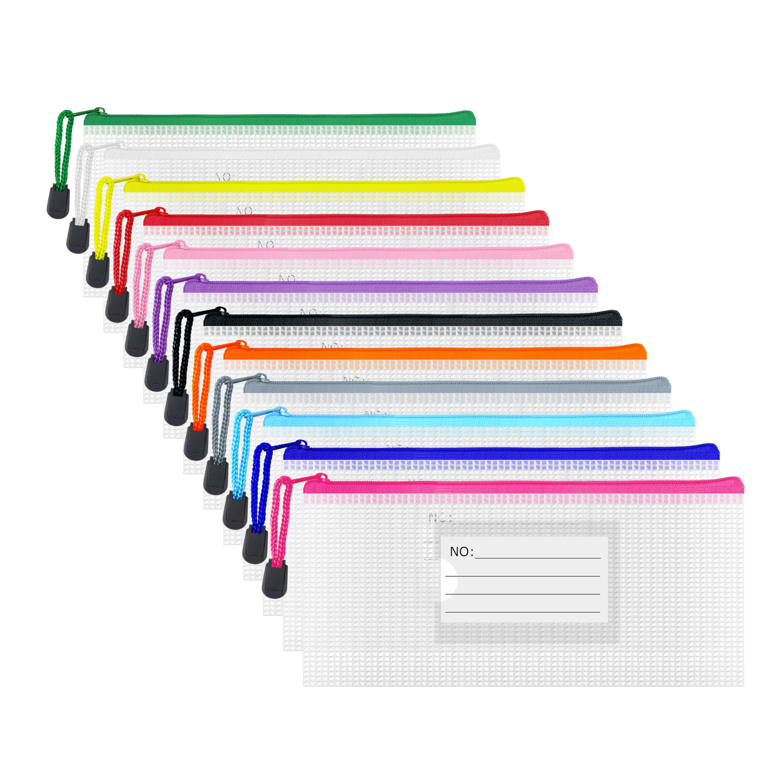 AUSTARK Plastic Mesh Zipper Pouch, 12Pcs Zipper File Bags with Label Pocket, Game Boards Storage Bags, Waterproof Document Storage Bags for Office Home Travel (Receipt Size 9.2x4.1 in)