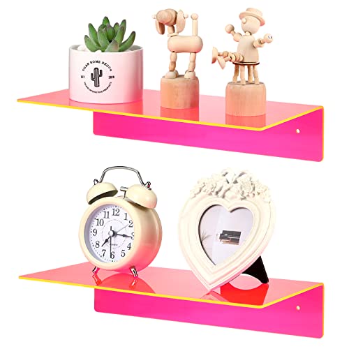 Set of 2 Acrylic Shelves 12 Inch Acrylic Wall Shelf Acrylic Floating Shelves Wall Mounted Display Organizer Book Shelf for Bedroom Living Room Bathroom Office Nursery Kitchen Book Display, Pink
